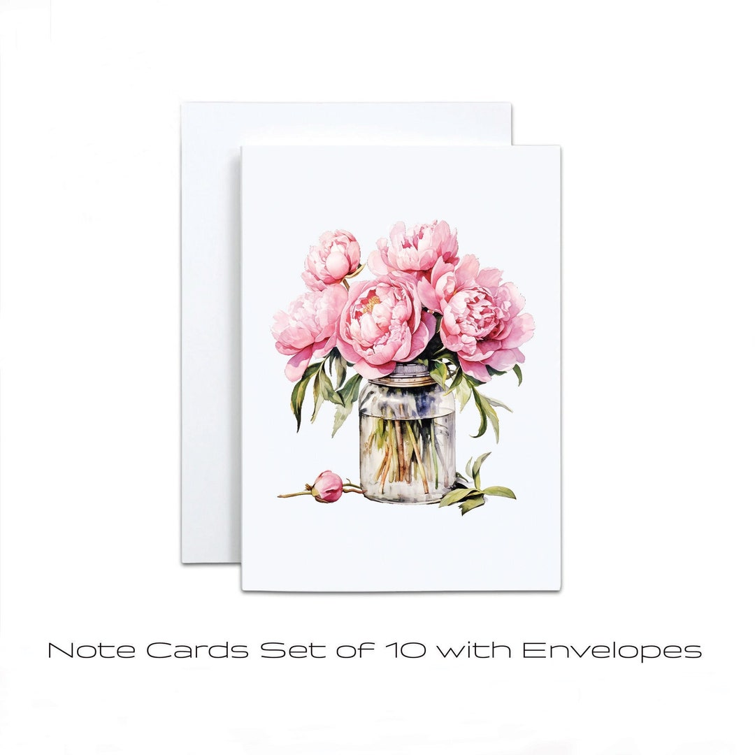 Peony Flower Note Card Pack of 10, Watercolor Peonies in a Mason Jar ...