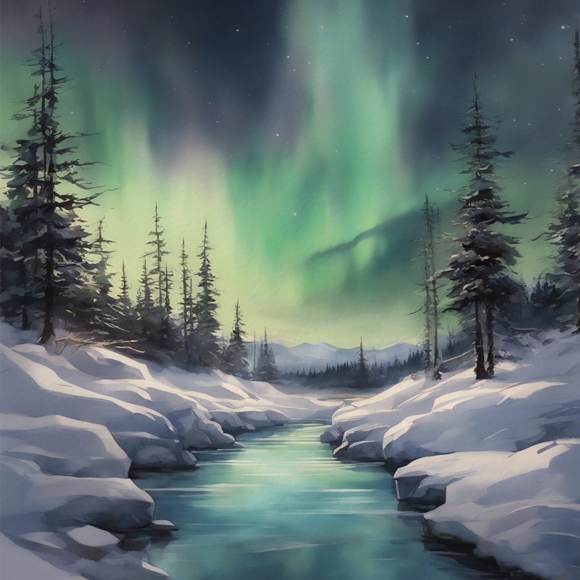 Northern Lights Art Print, Aurora Borealis Landscape Painting PRINTABLE ...