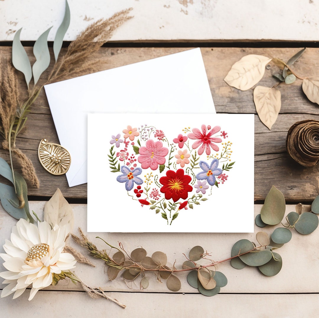 Floral Heart Note Cards, 10 Piece Pack Set, Crafters Painted Embroidery ...