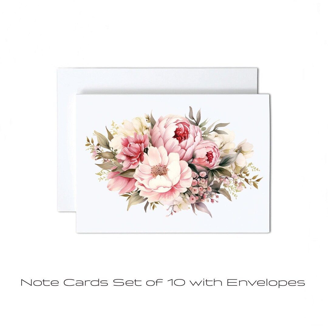 Peony Cards, Watercolor Peonies Floral Notecard Pack of 10, Botanical ...