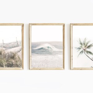 Coastal Wall Art Set of 3 Neutral Beach Prints, Pampas Grass Boho Decor ...