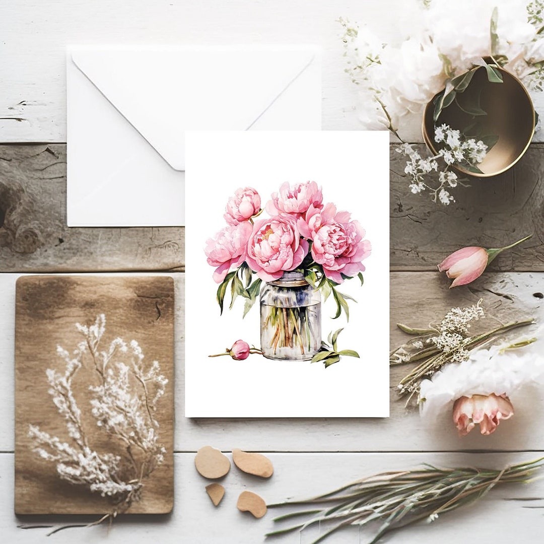 Peony Flower Note Card Pack of 10, Watercolor Peonies in a Mason Jar ...