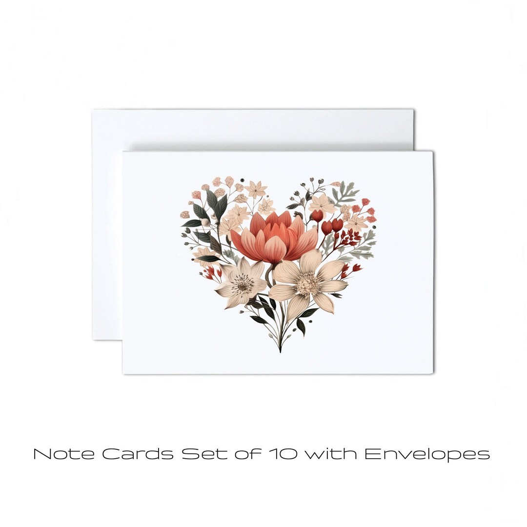 Flower Heart Cards, Floral Heart Note Card Set of 10 With Envelopes ...