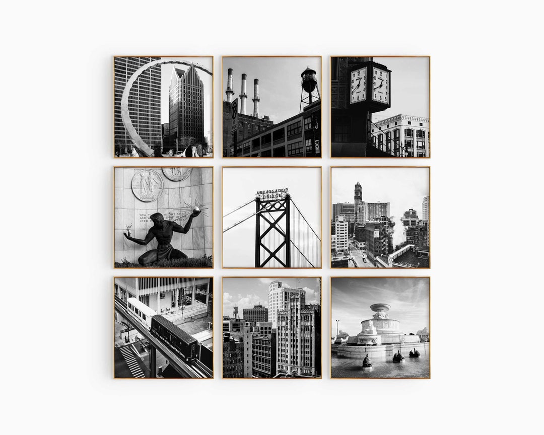 Detroit Michigan Square Black and White Photograph 9 Piece Wall Art ...
