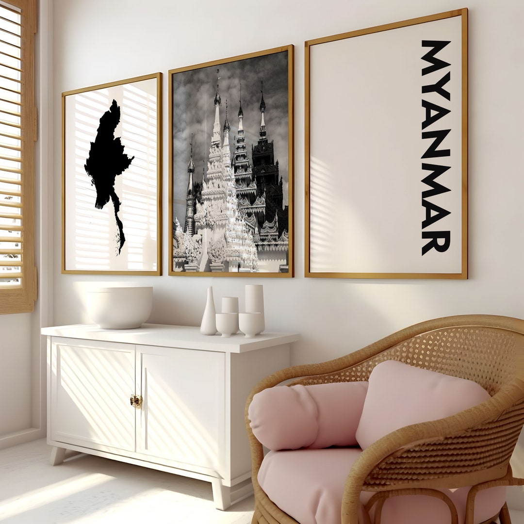 Myanmar Black and White Photograph 3 Piece Wall Art – Myanmar Map Print ...