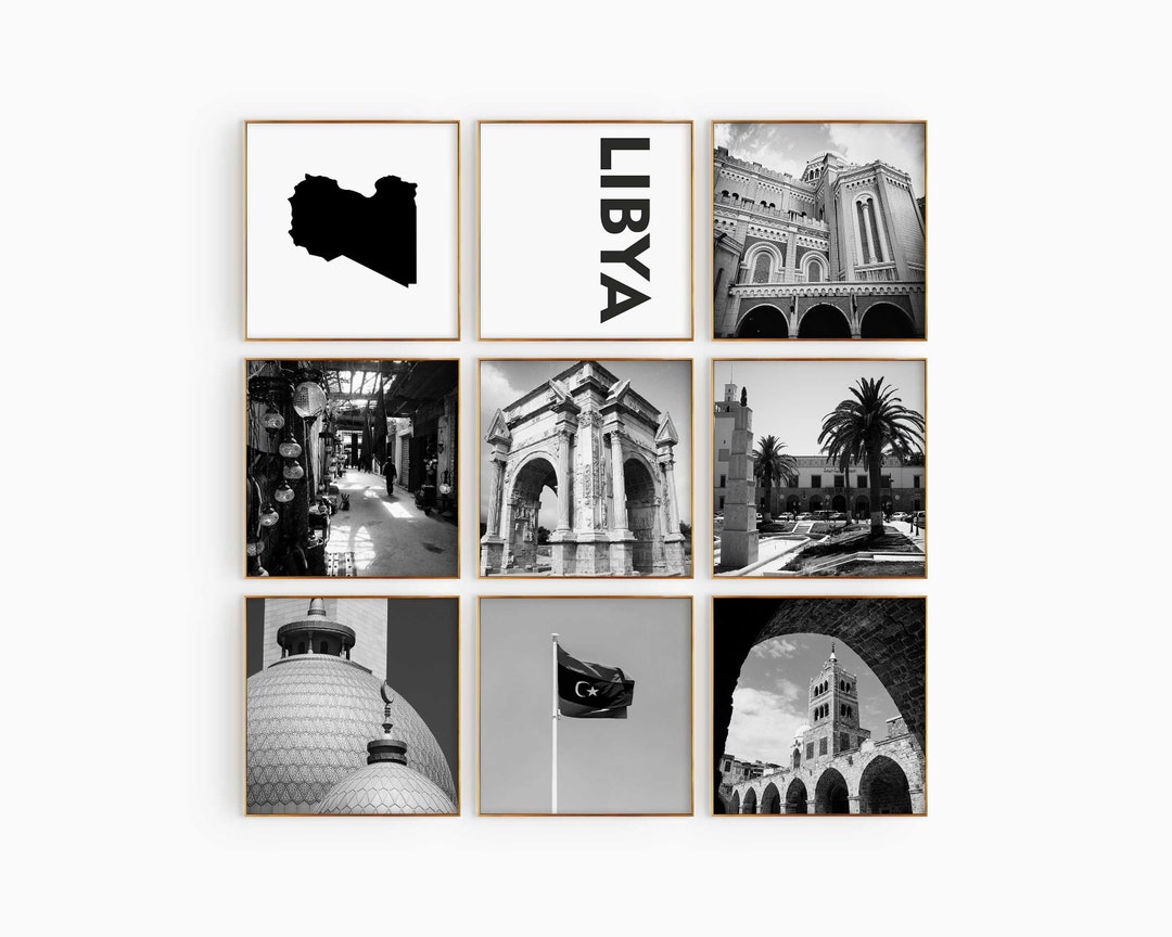 Libya Square Black and White Set of 9 Photo – Map Print Libya 9 Piece ...