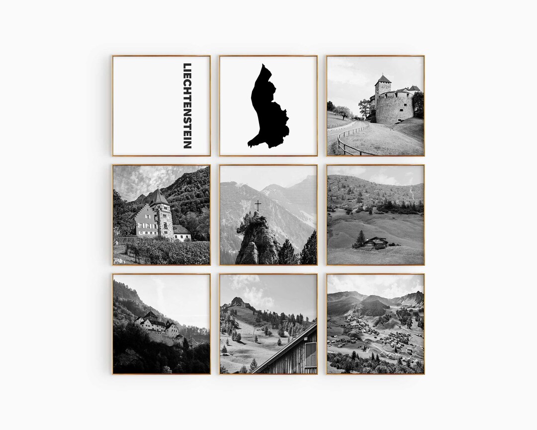 Liechtenstein Square Black and White Photograph 9 Piece Wall Art – Map ...