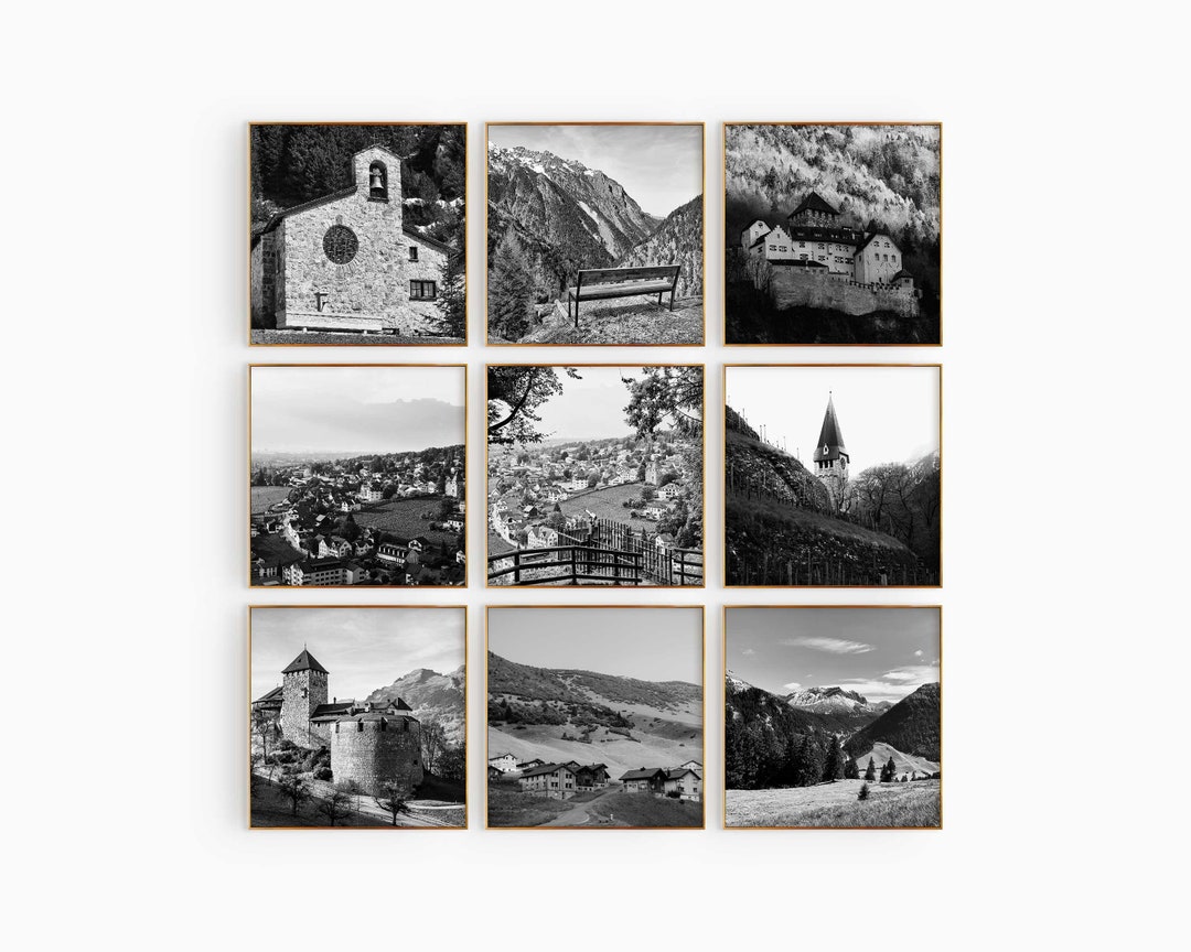 Liechtenstein Square Black and White Set of 9 Photo – Map Print ...