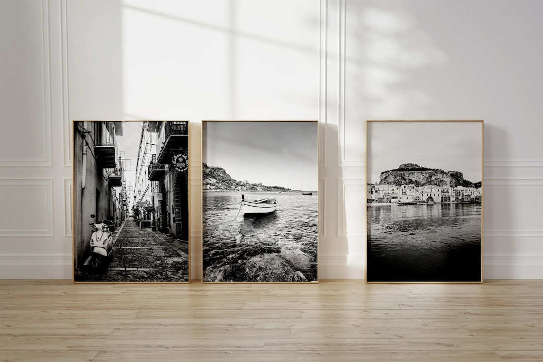 Sizilien Italien Schwarz-Weiß-Galerie-Set mit 3 Drucken – Sizilien-Poster, druckbare 3-teilige ...