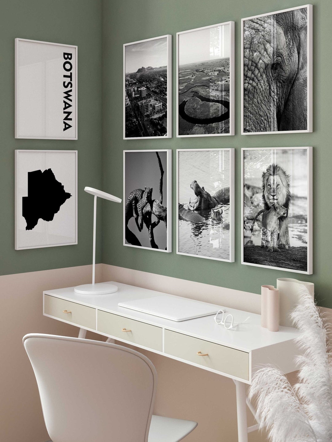Botswana Black and White Photograph 8 Piece Wall Art – Botswana Map ...