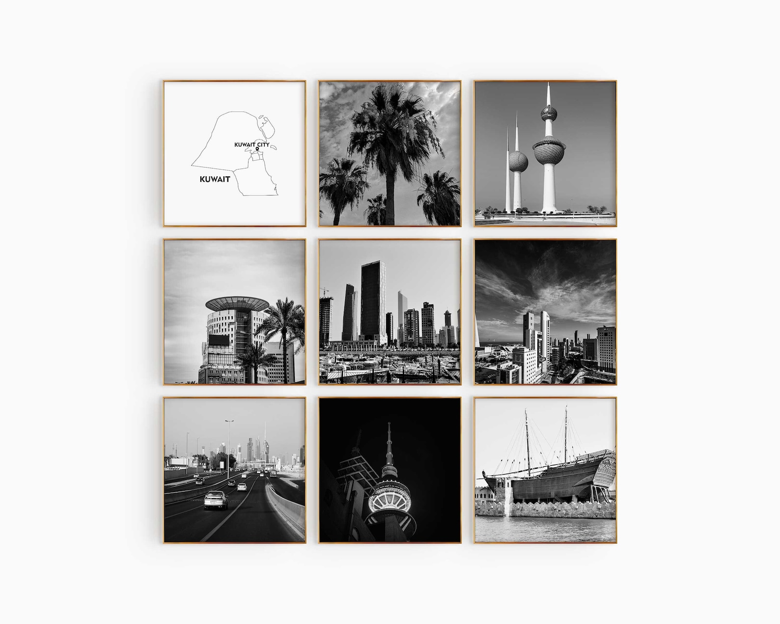 Kuwait Square Black and White Set of 9 Photo – Map Print Kuwait 9 Piece ...