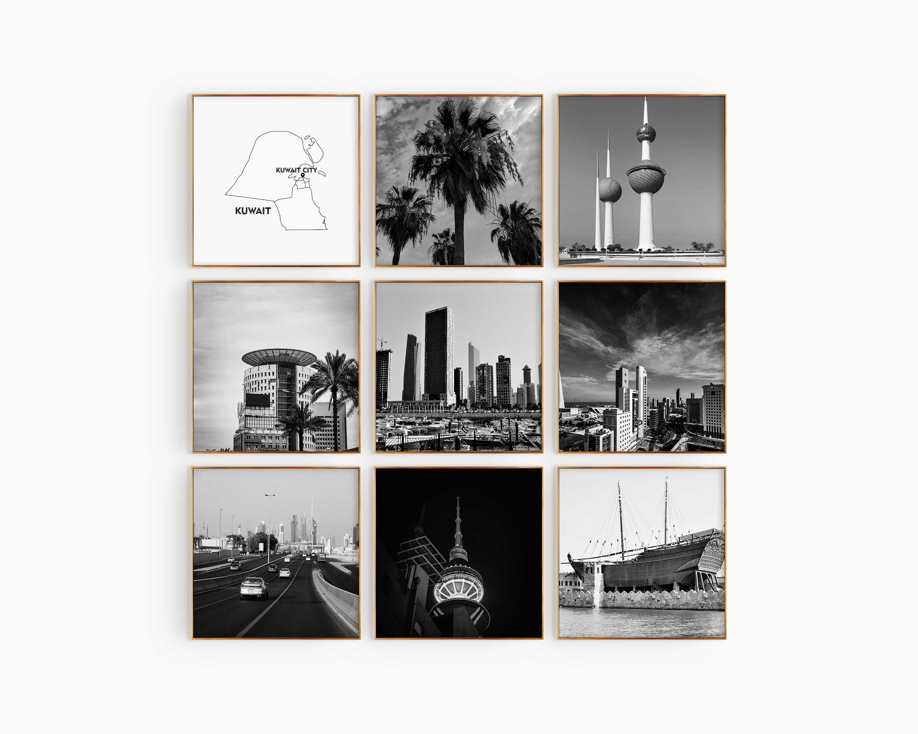 Kuwait Square Black and White Set of 9 Photo – Map Print Kuwait 9 Piece ...
