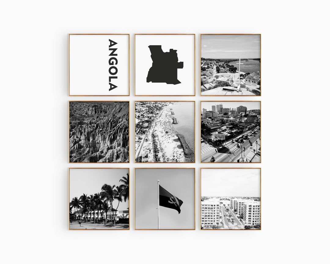Angola Square Black and White Set of 9 Photo – Map Print Angola 9 Piece ...