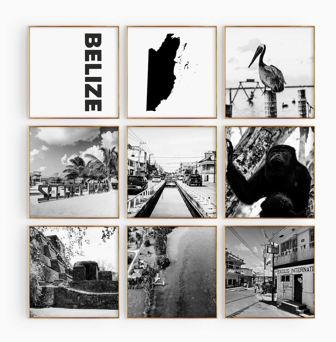 Belize Square Black and White Photograph 9 Piece Wall Art – Belize Map ...