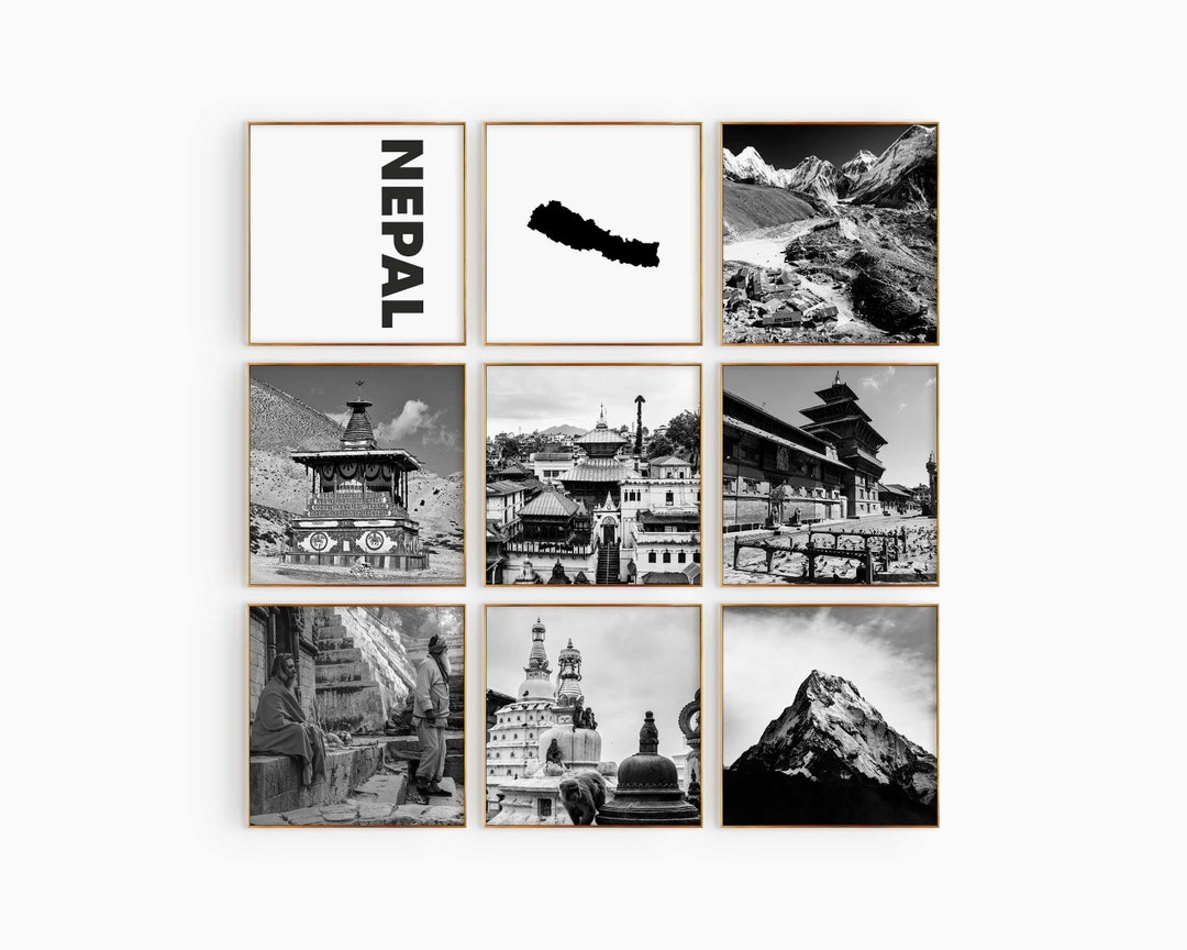 Nepal Square Black and White Set of 9 Photo – Map Print Nepal 9 Piece ...
