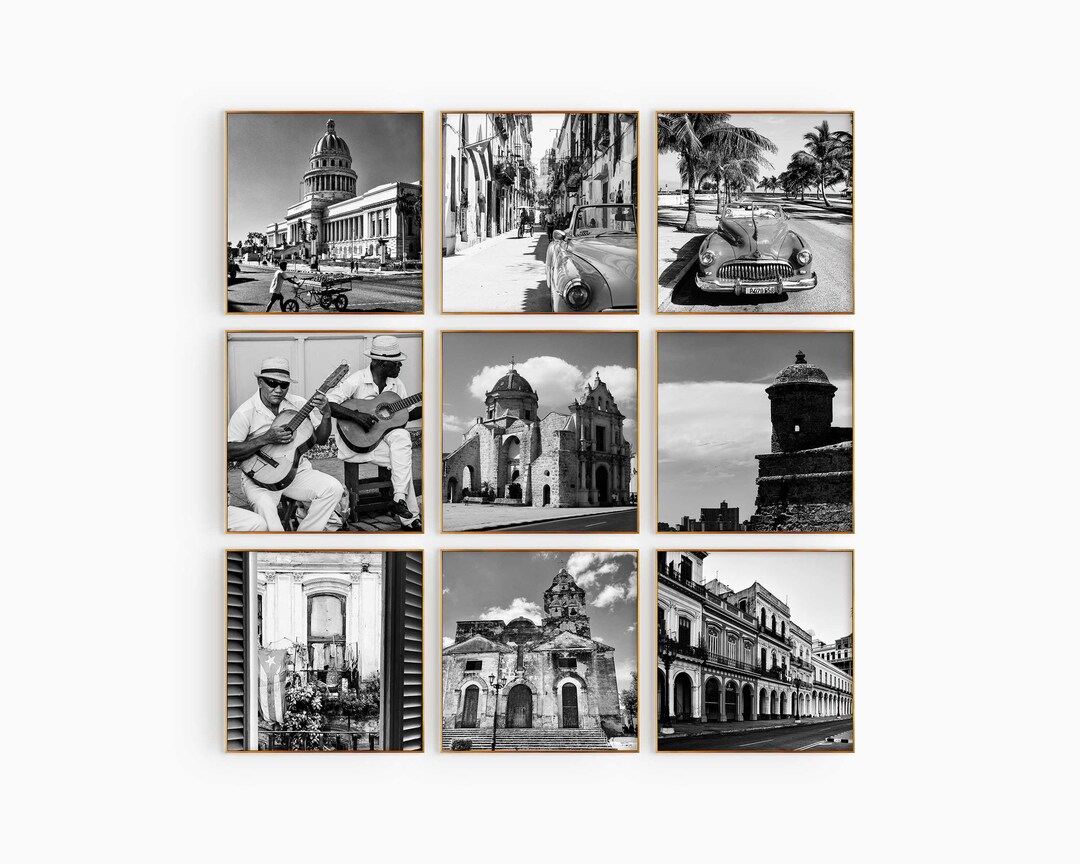 Cuba Square Black and White Set of 9 Photo – Map Print Cuba 9 Piece ...