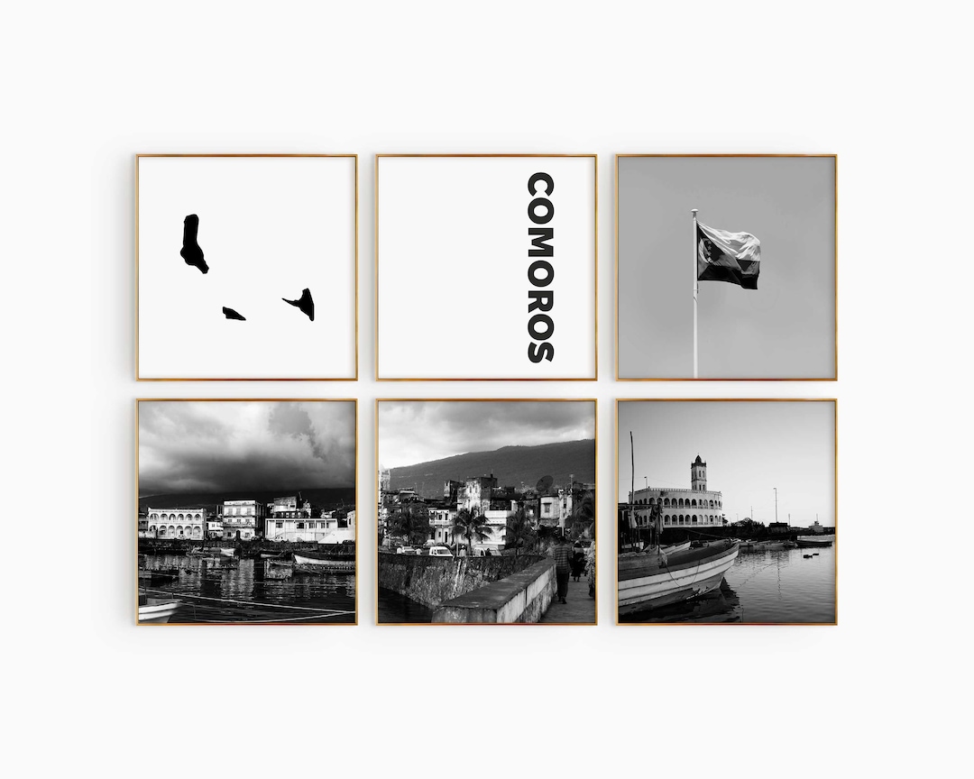 Comoros Square Black and White Set of 6 Photo – Map Print 6 Piece Wall ...