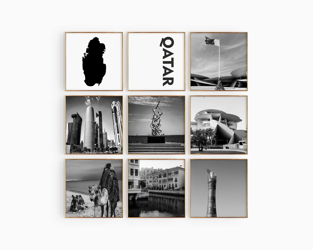 Qatar Square Black and White Set of 9 Photo – Map Print Qatar 9 Piece ...