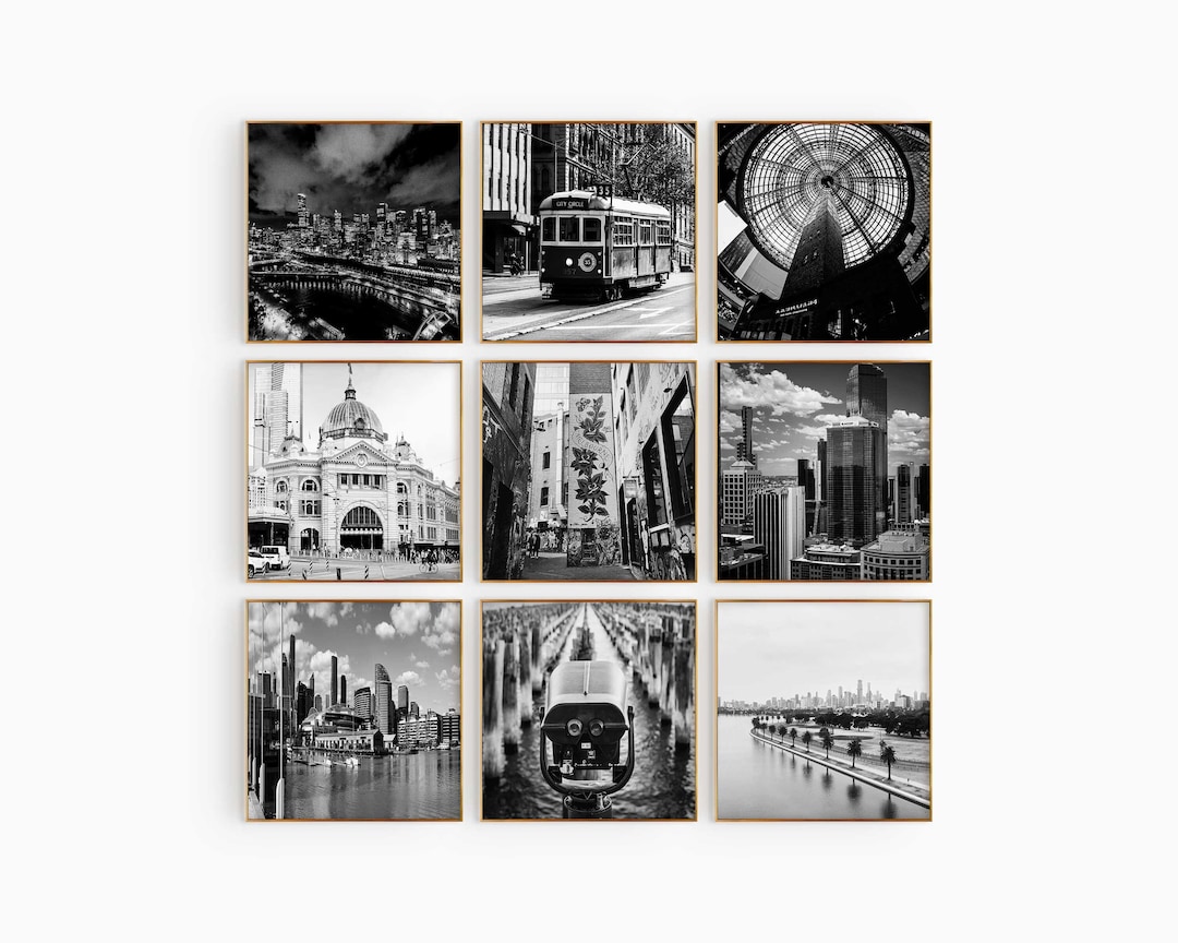 Melbourne Australia Square Black and White Photo 9 Piece Wall Art ...