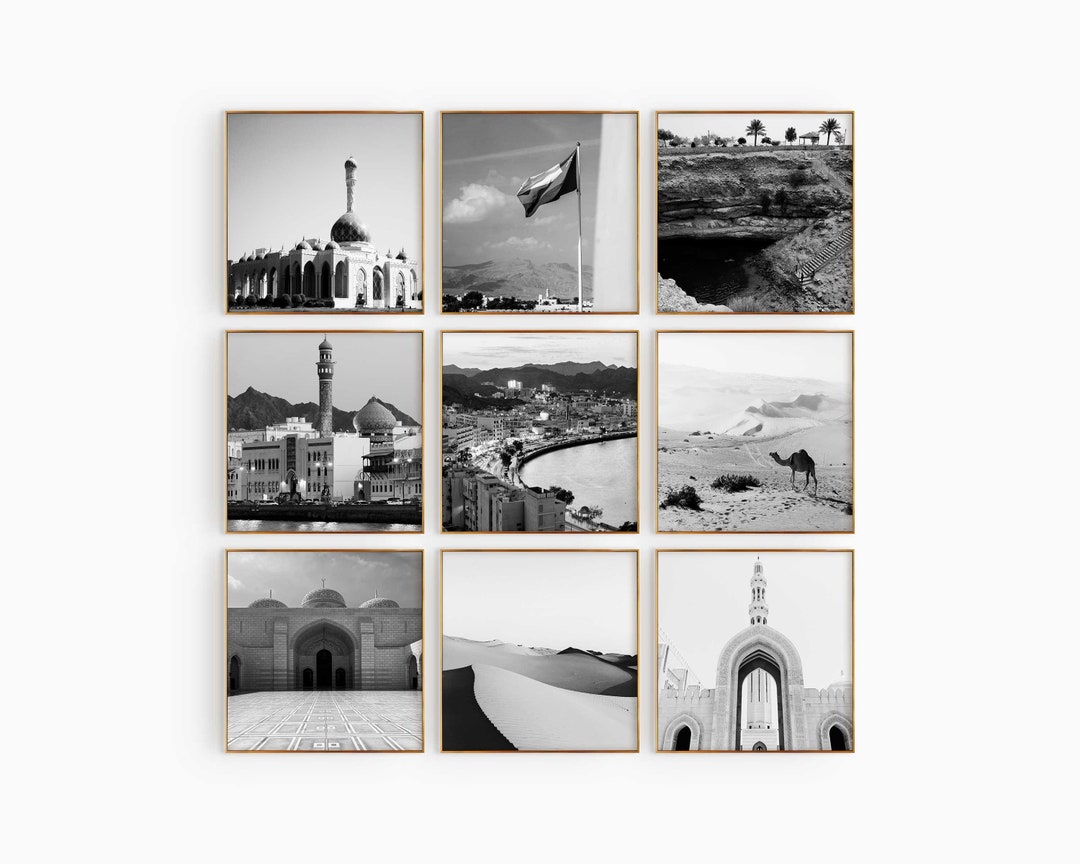 Oman Minimalist Set of 9 Square Prints – Sultanate of Oman Black and ...
