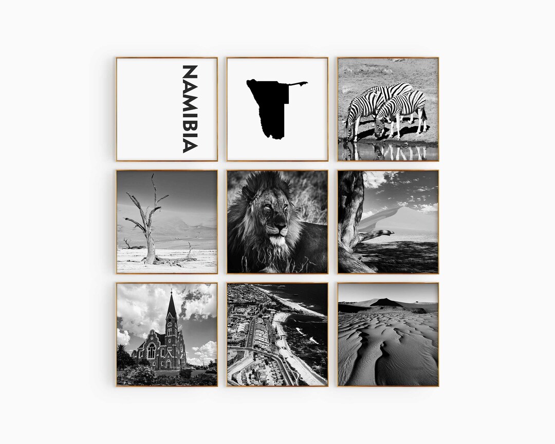 Namibia Square Black and White Set of 9 Photo – Map Print 9 Piece Wall ...