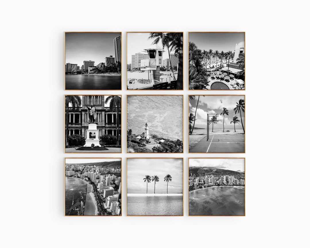 Honolulu Hawaii Square Black and White Photo 9 Piece Printable Wall Art ...