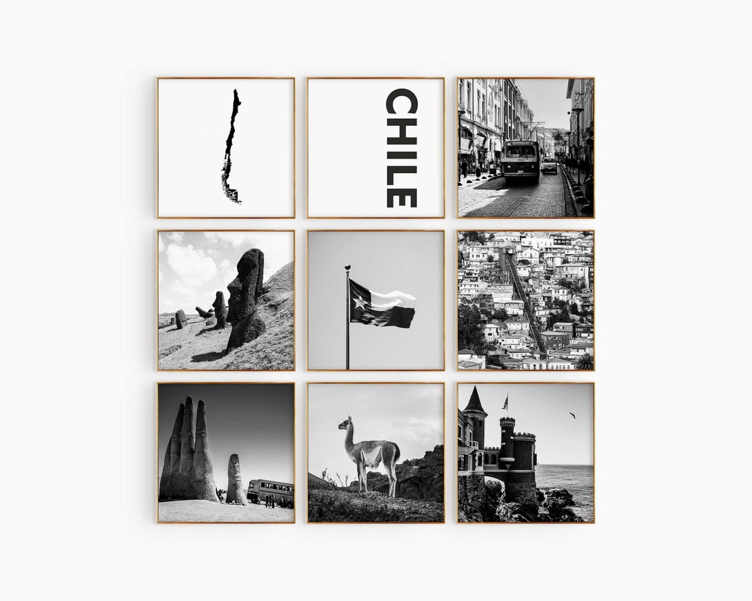 Chile Square Black and White Photograph 9 Piece Wall Art – Chile Map ...