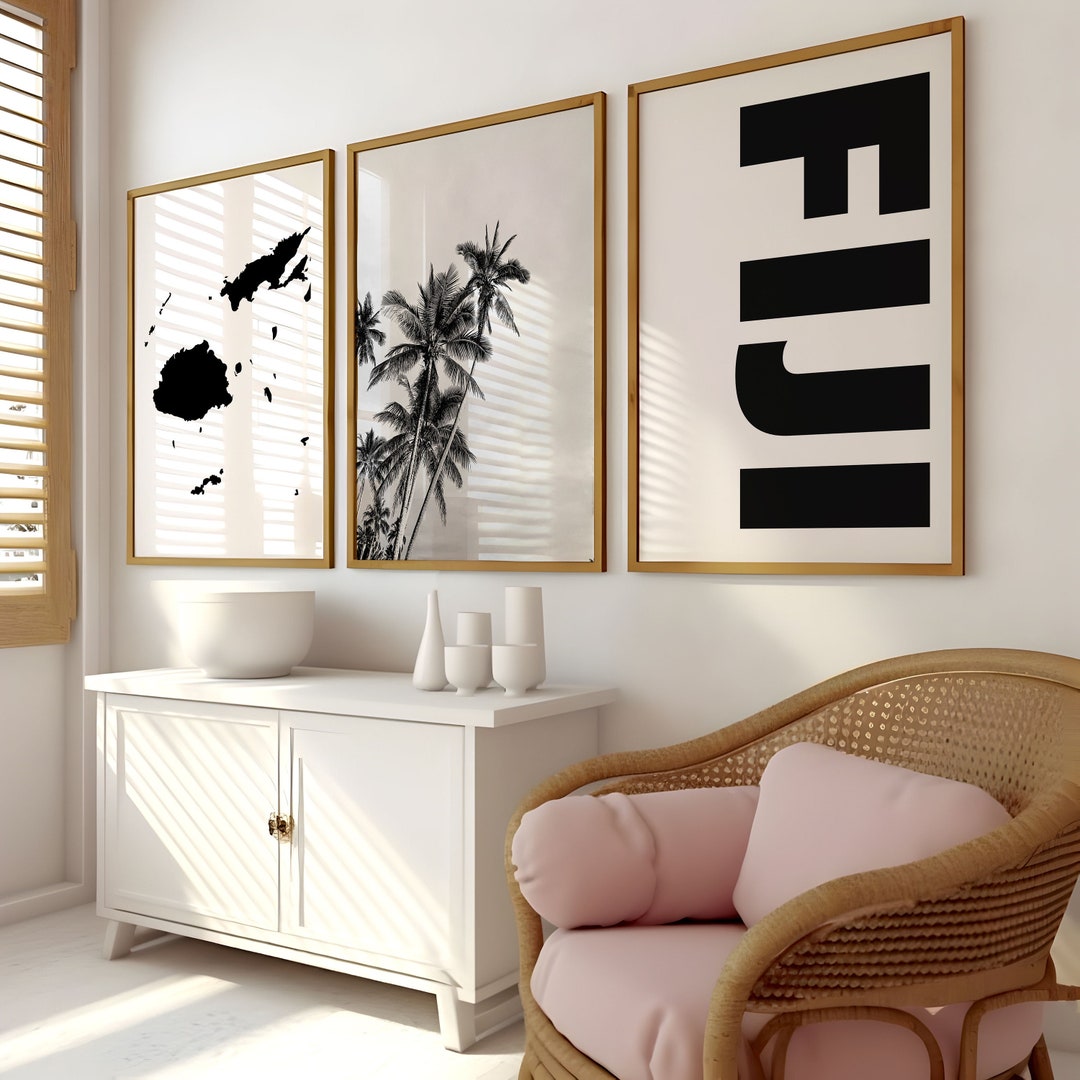 Fiji Black and White Photograph 3 Piece Wall Art – Fiji Map Print Set ...