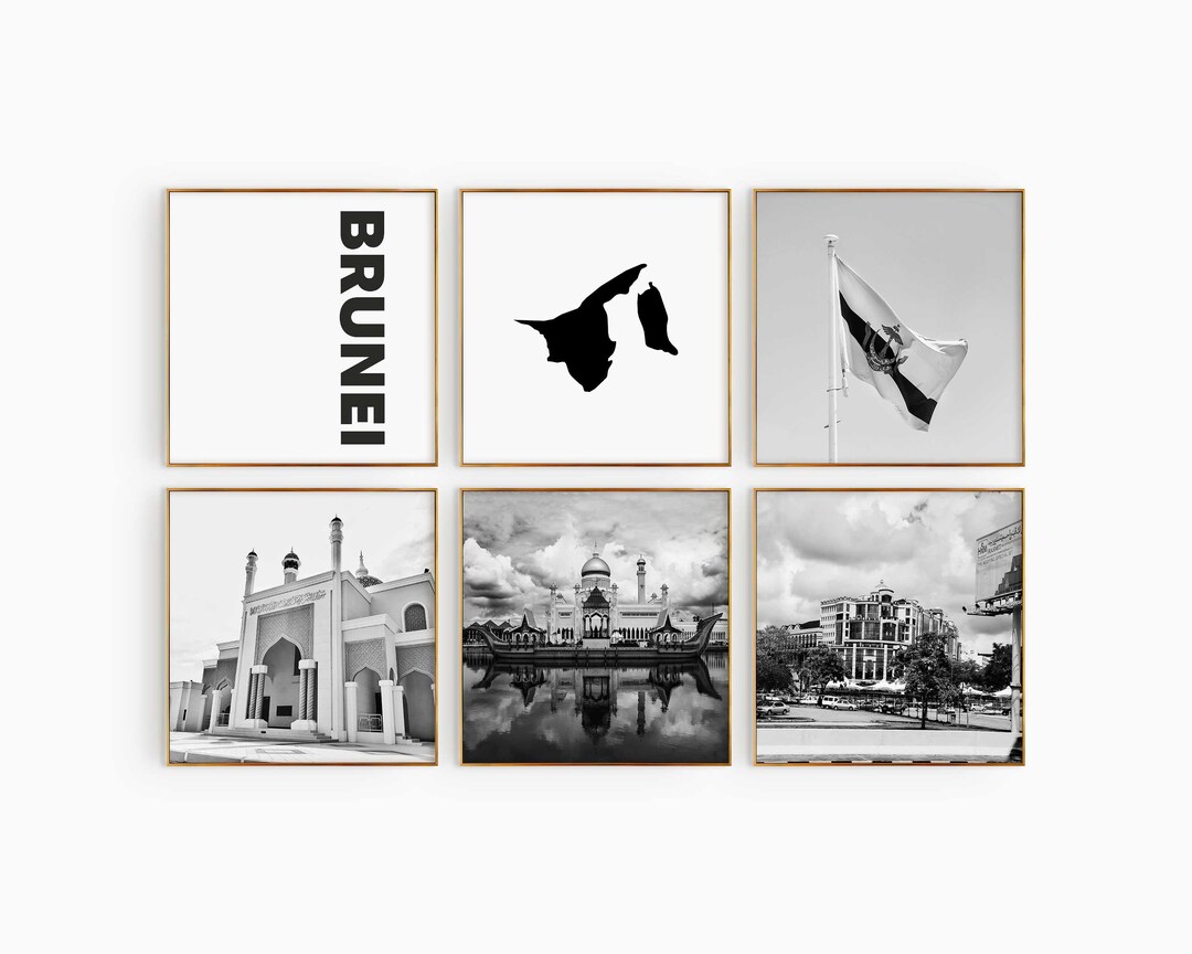 Brunei Square Black and White Photograph 6 Piece Wall Art – Brunei Map ...