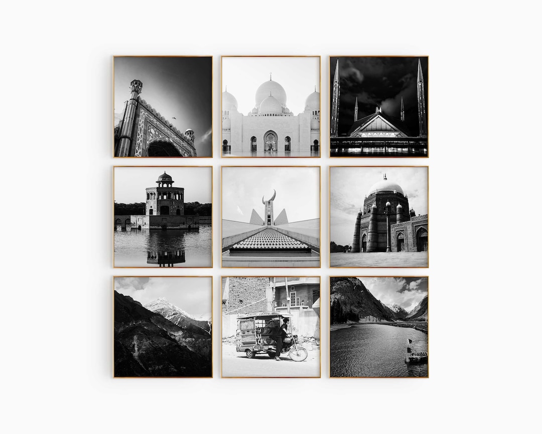 Pakistan Square Black and White Photo 9 Piece Wall Art Pakistan Set of ...