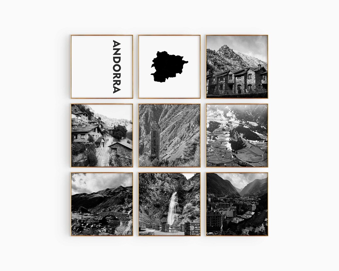 Andorra Square Black and White Set of 9 Photo – Map Print Andorra 9 ...