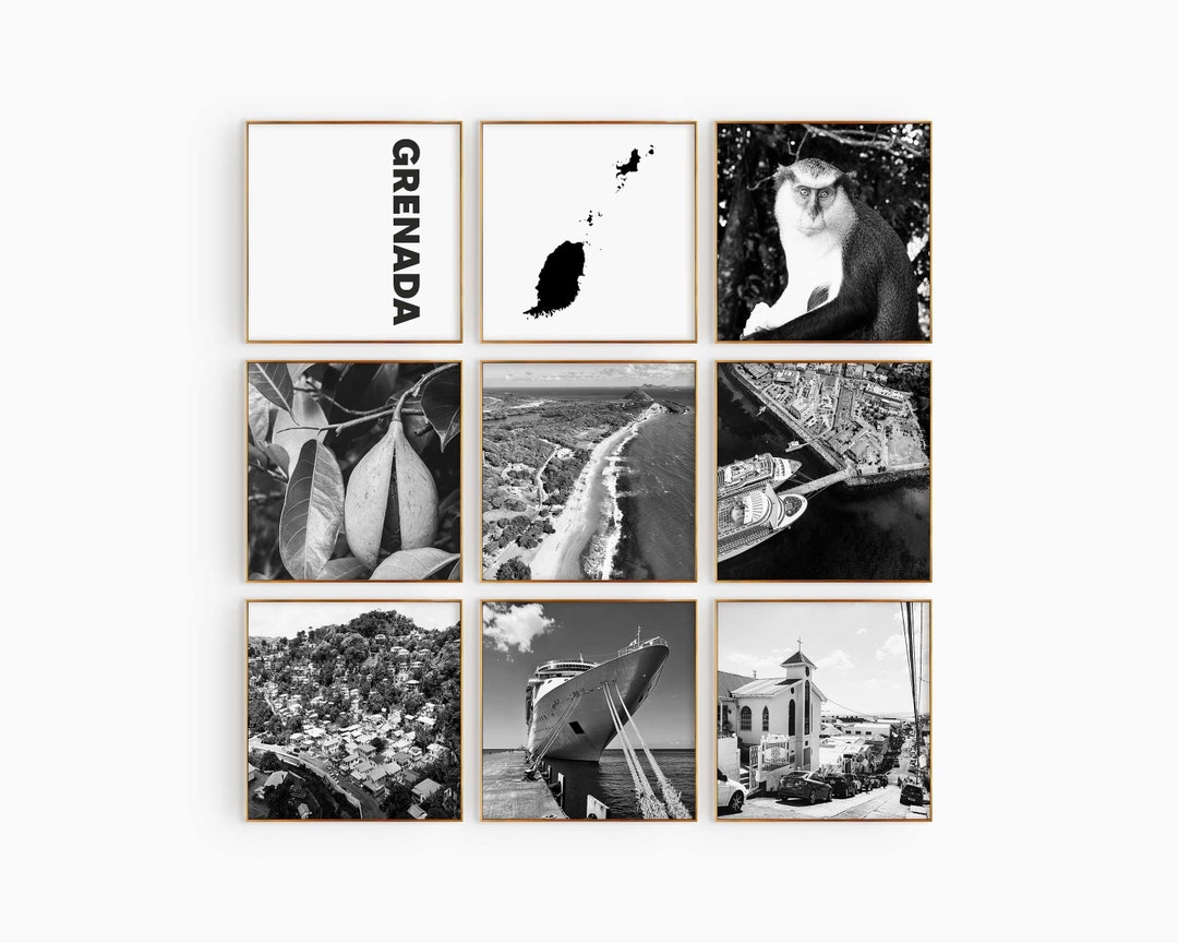 Grenada Square Black and White Set of 9 Photo – Map Print Grenada 9 ...