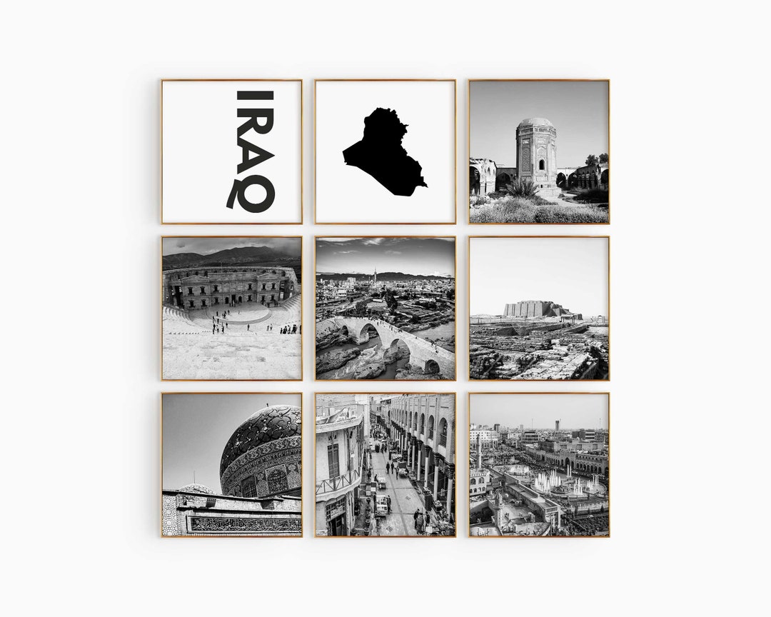 Iraq Square Black and White Set of 9 Photo – Map Print Iraq 9 Piece ...