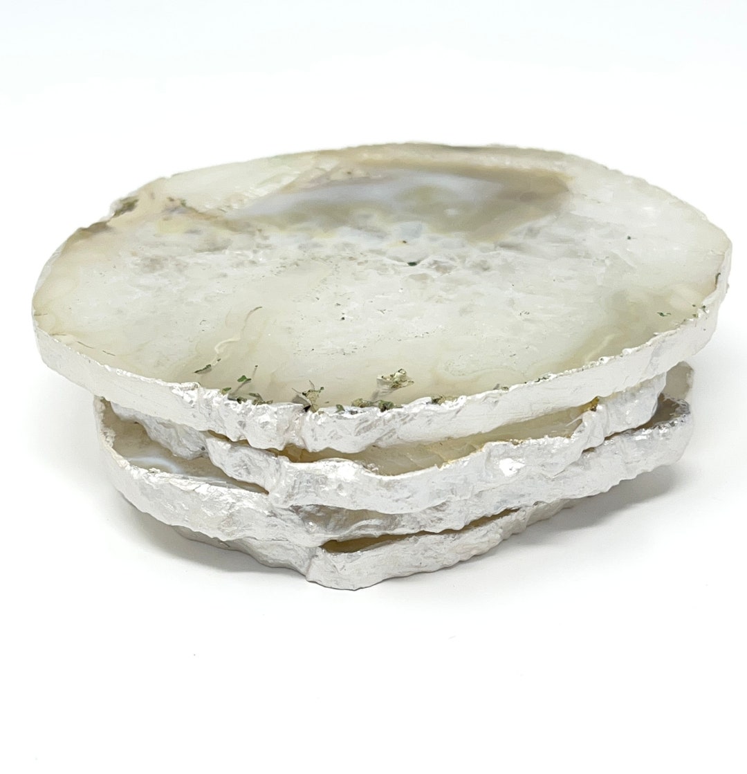 White Agate Crystal Coasters With Silver Edge || Clear Crystal Coasters ...