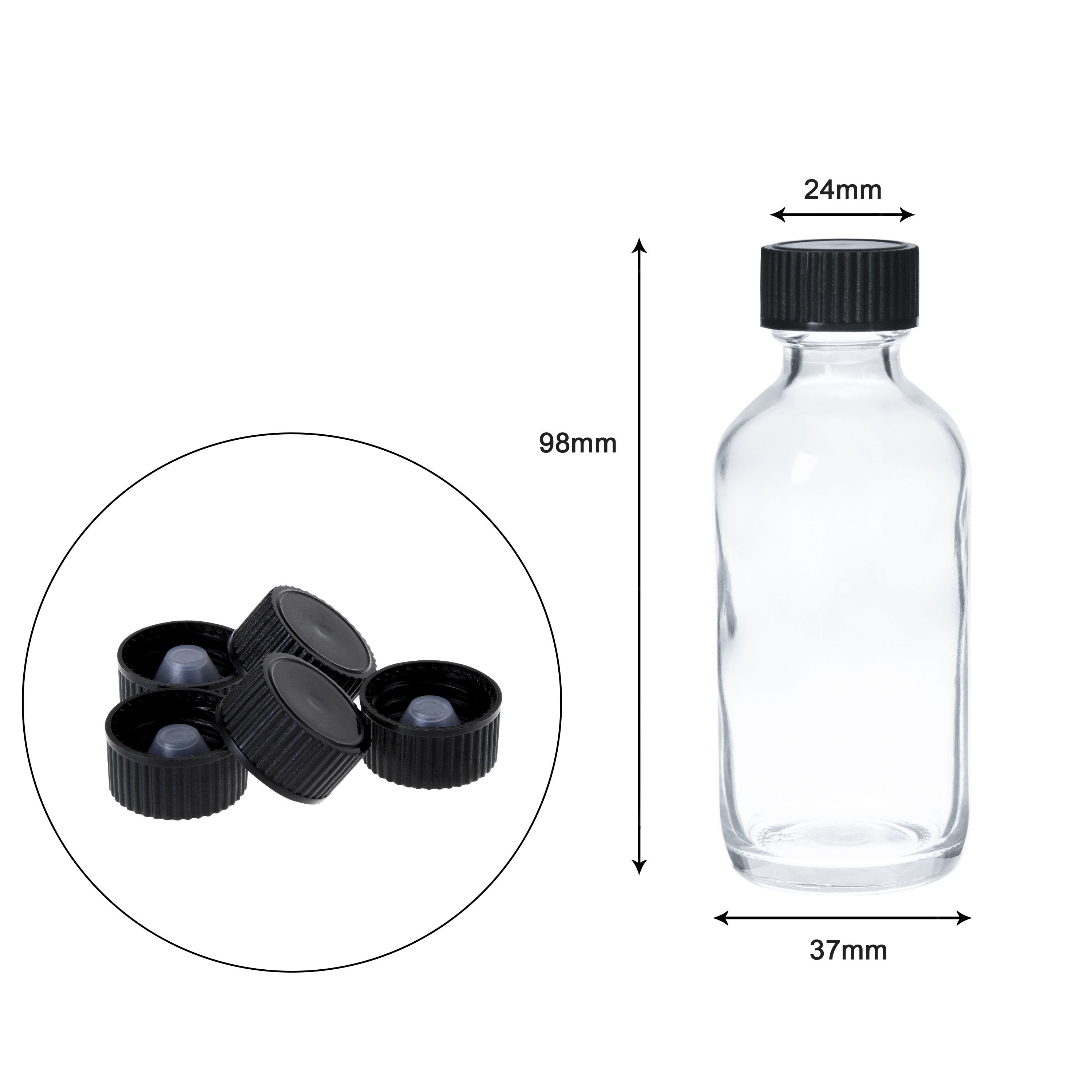 2oz / 60ml Clear Glass Boston Round Bottles With Screw Top Lid Cap ...