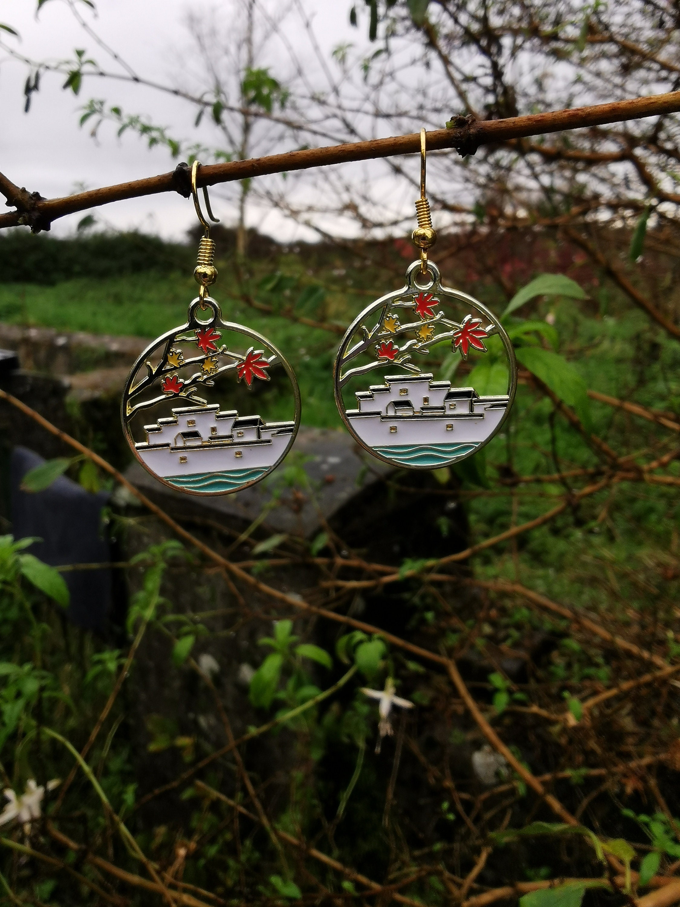 Traditional Japanese Scenery Pendant Dangle Earrings. Japanese ...