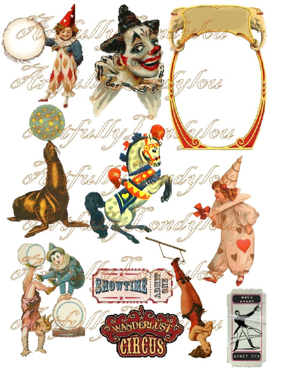 Vintage Circus Printable Clip-art Collage Sheet Junk Journal Craft DIY ...