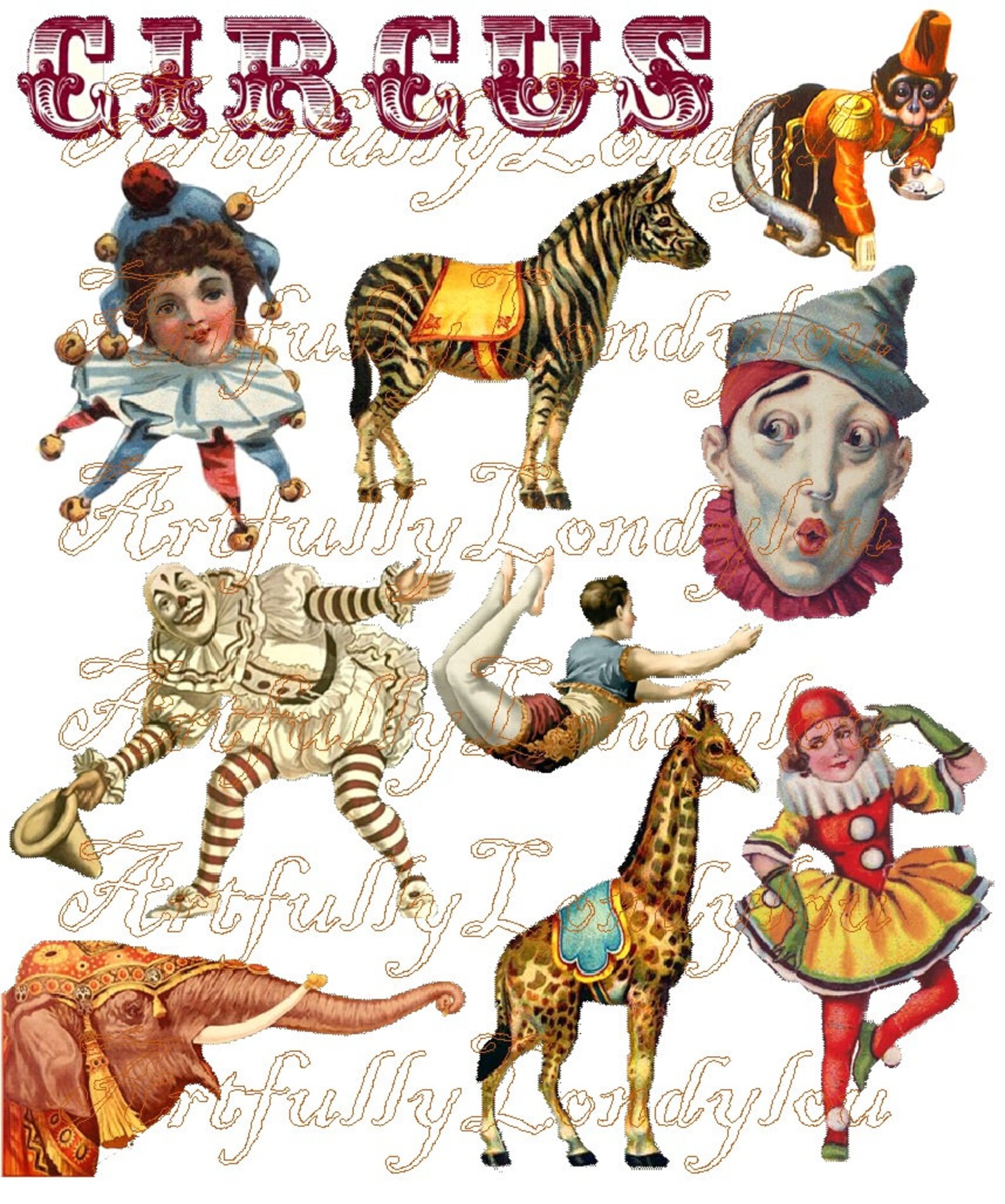 Vintage Circus Printable Clip-art Collage Sheet Junk Journal Craft DIY ...
