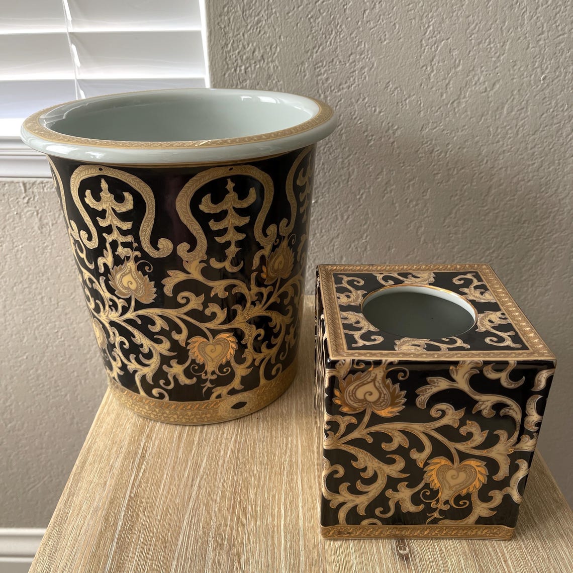 Antique Amita Set 2 Gold Chinese Porcelain Hand Painted Planter Tissue ...