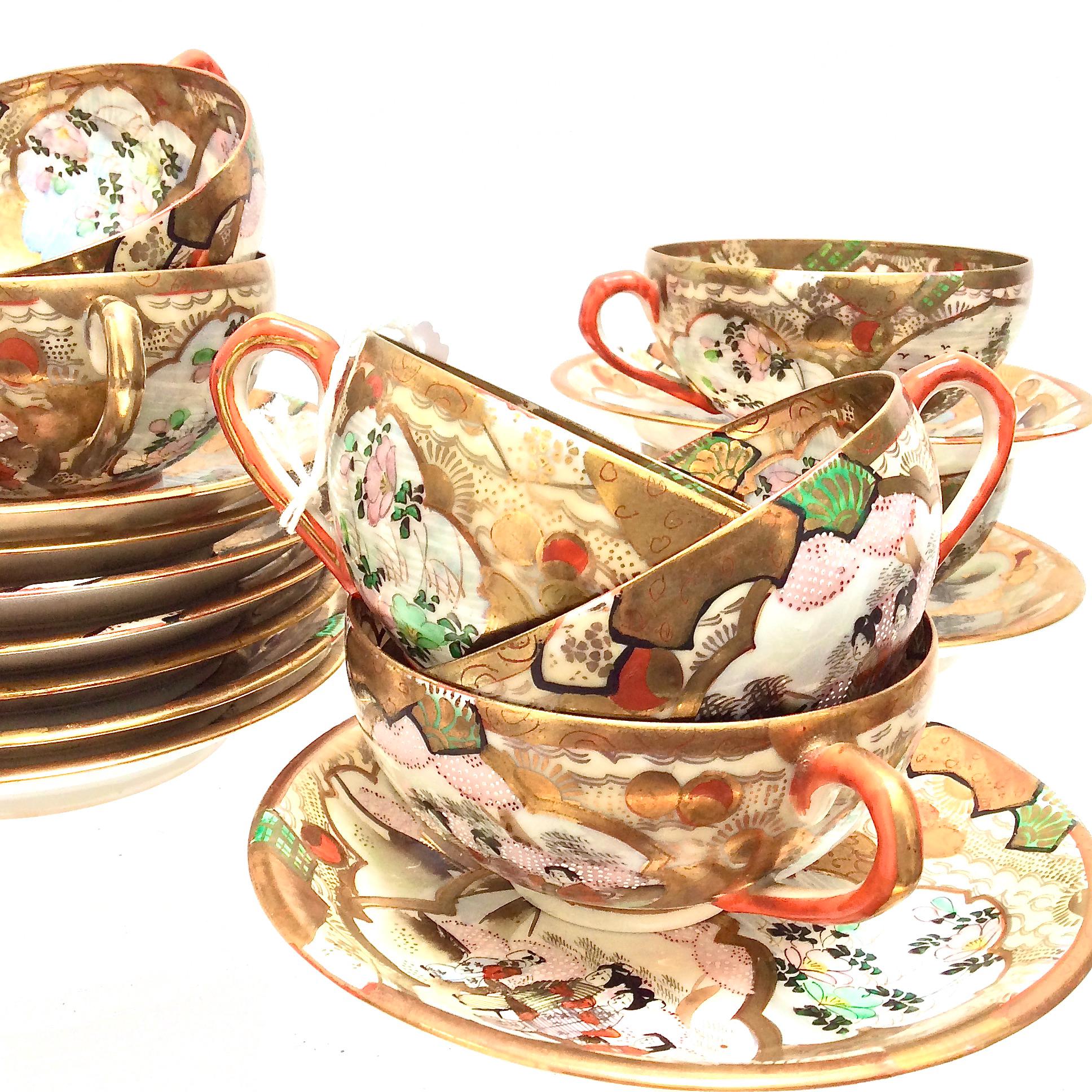 Antique China Cup Saucer Set of 7 Eggshell Porcelain Tea Cup Heavy Gold ...