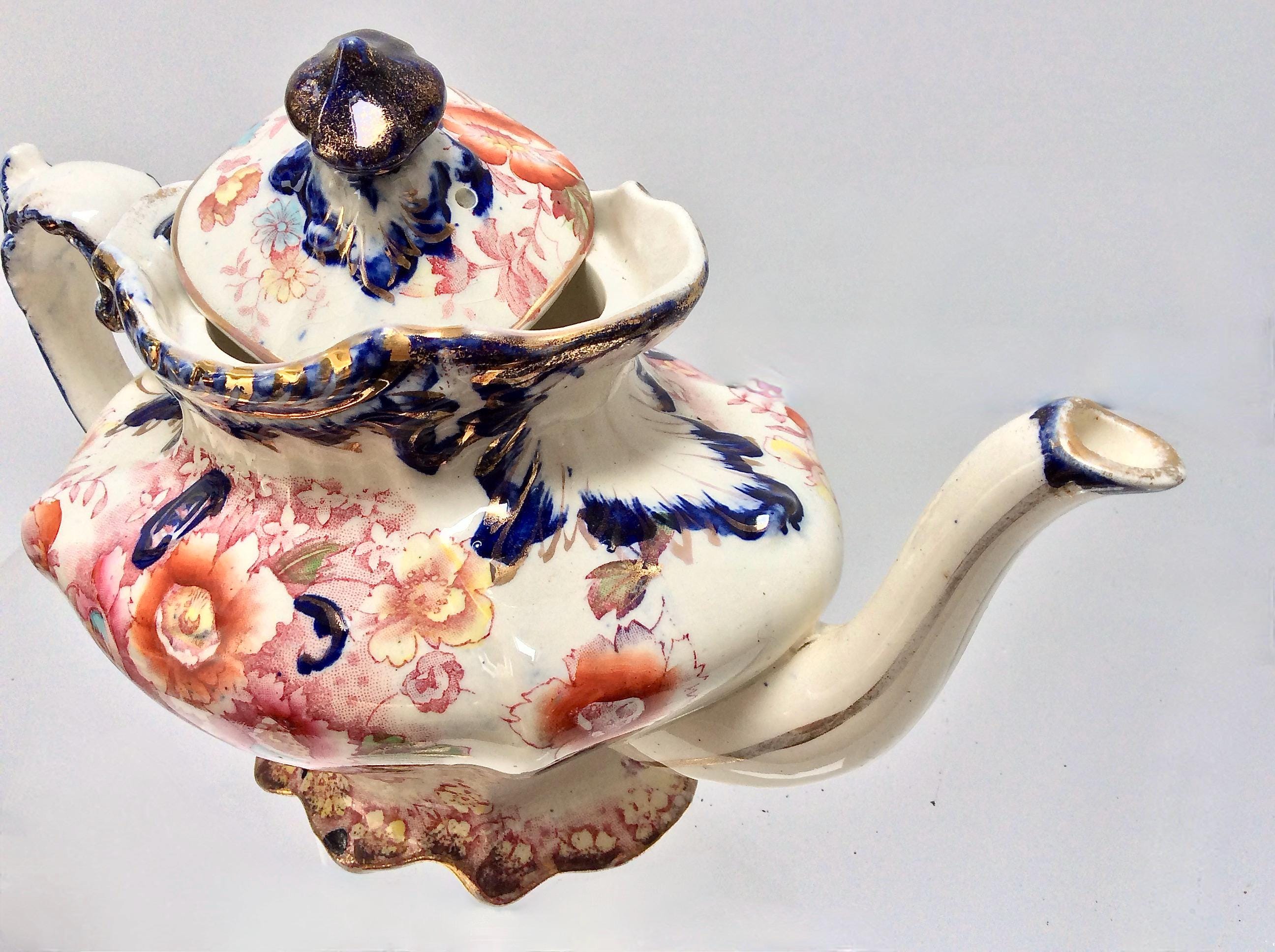 Antique Victorian 19th Ceramic Tea Pot Hand Painted English Majolica ...