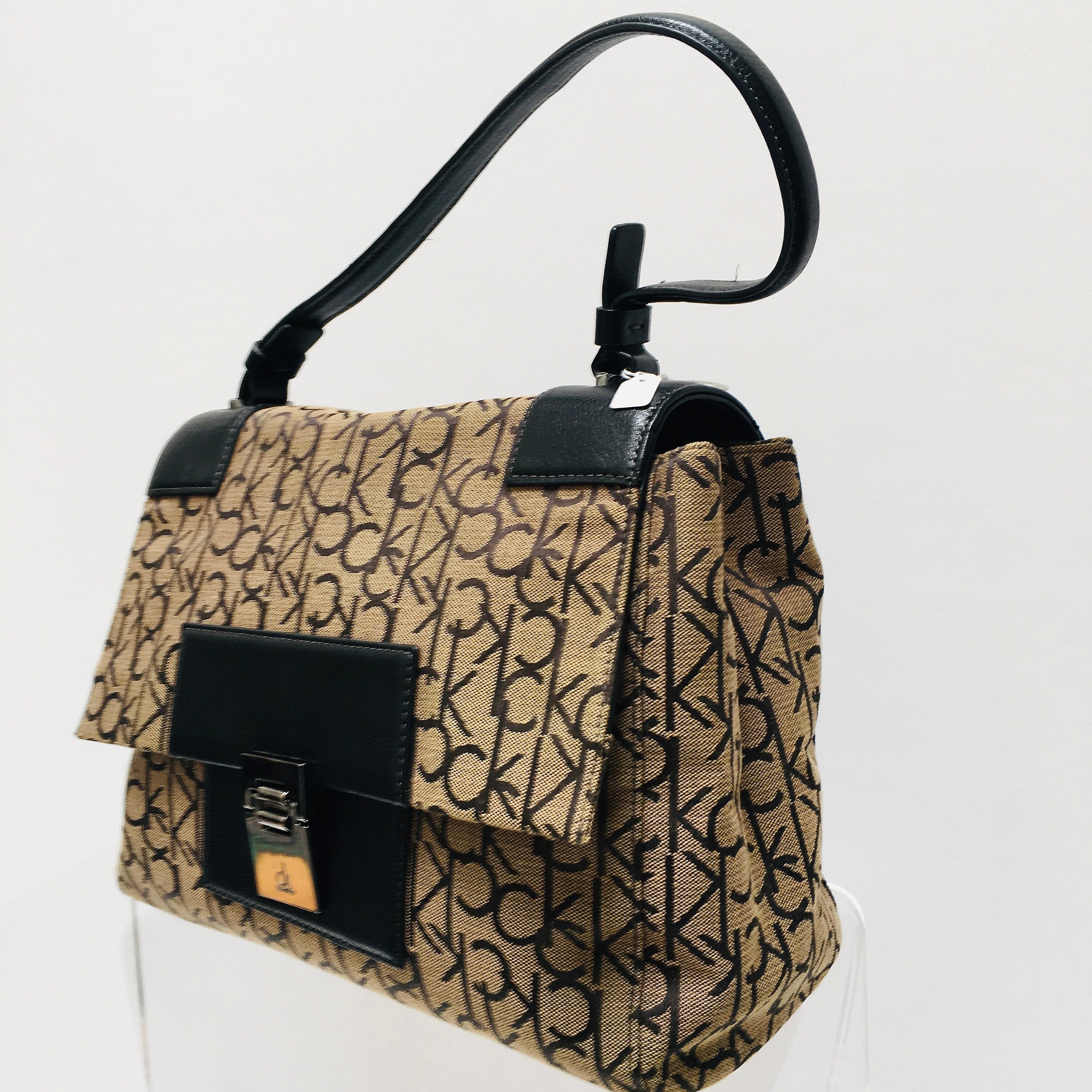 Calvin Klein Hand Shoulder Bag Woman Purse Logo Canvas CK Brown Leather ...