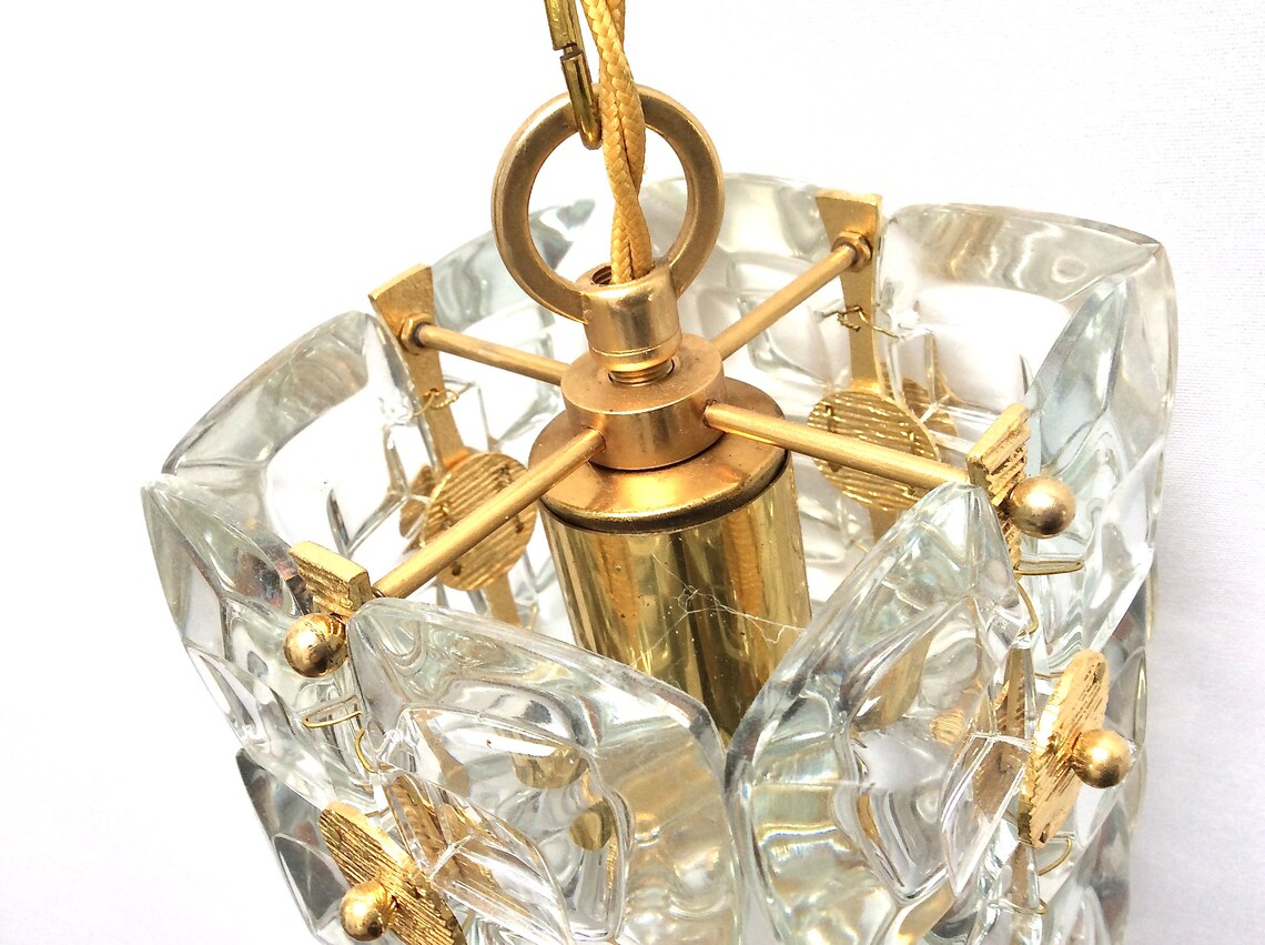 Vintage Austrian Czech Crystal Glass and Brass Ceiling Lamp Pendant Chandelier Metal Cage Gilt ...