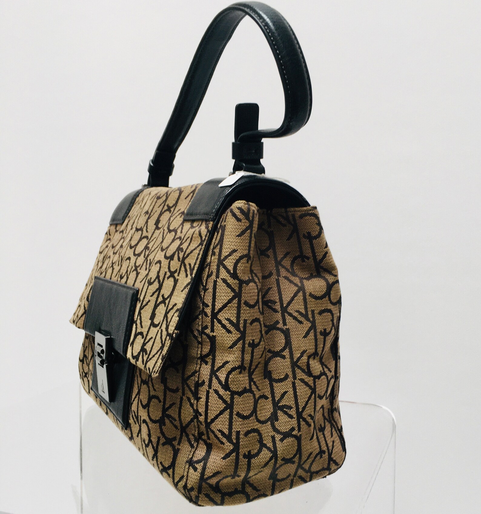 Calvin Klein Hand Shoulder Bag Woman Purse Logo Canvas CK Brown Leather ...
