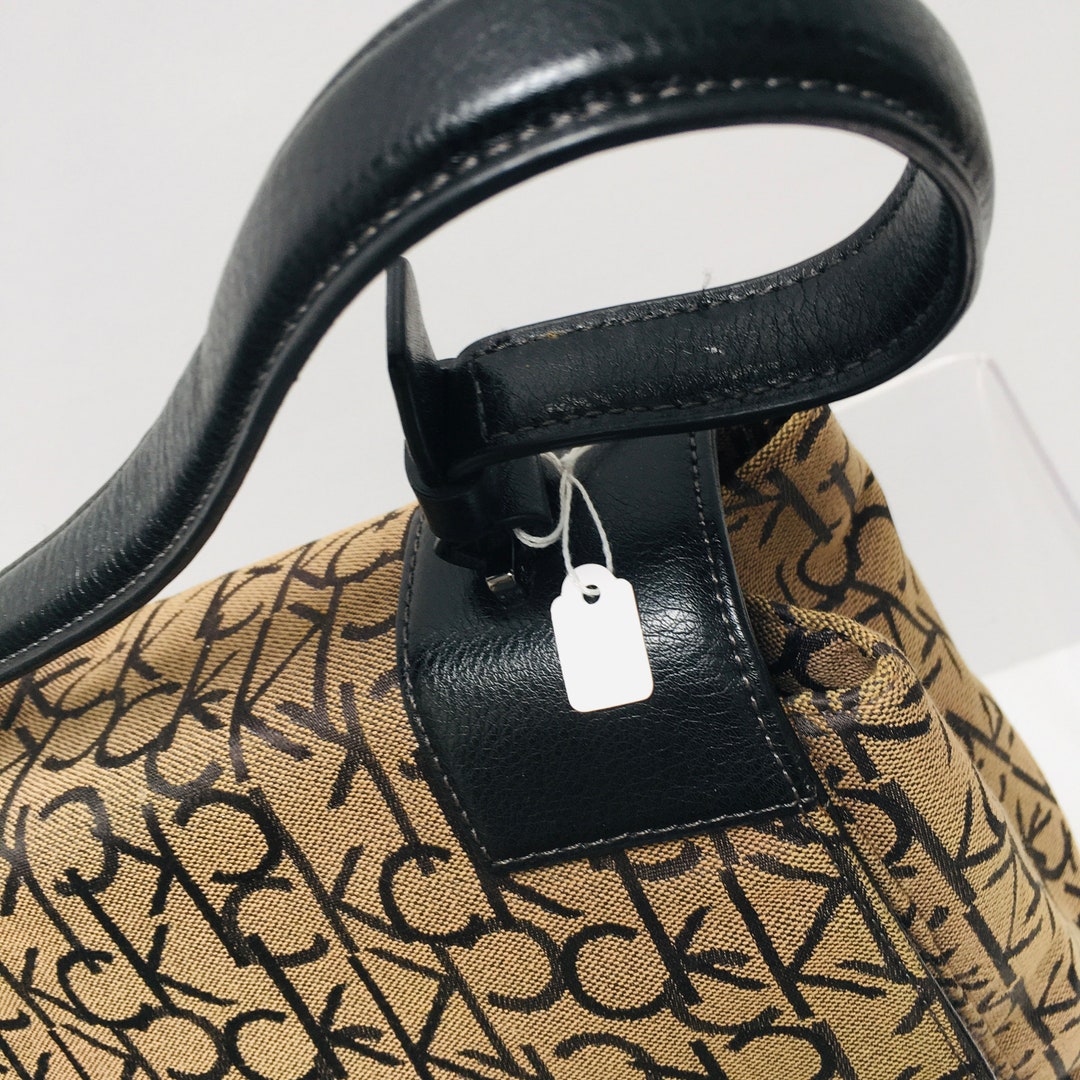 Calvin Klein Hand Shoulder Bag Woman Purse Logo Canvas CK Brown Leather ...