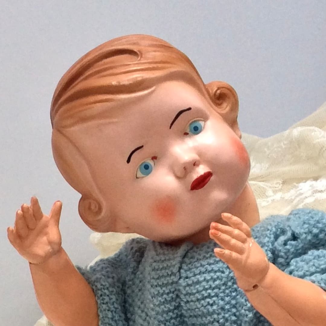 Antique Celluloid Doll Moulded Hard Plastic Hair Vintage Blue Crocheted ...