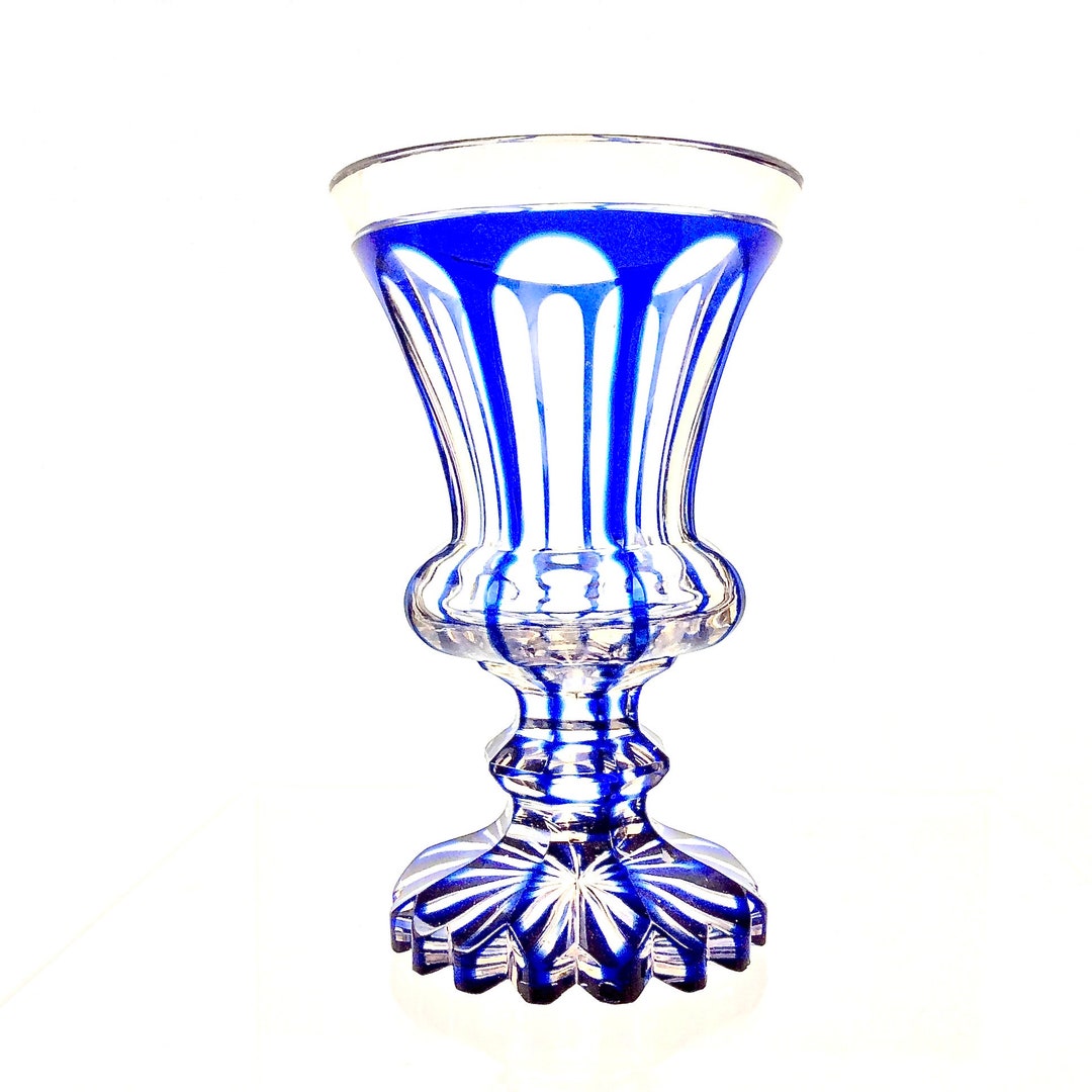 Biedermeier Antique Glass Vase Pokal Goblet Cut Crystal Blue Cobalt ...