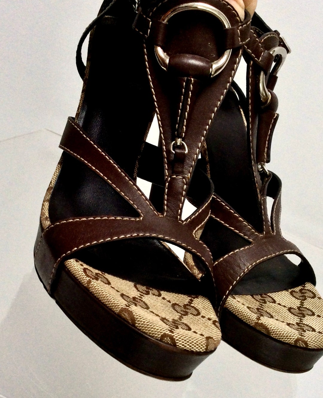 Gucci Platforms High Heal Sandals GG Logo Horse-bit Canvas Brown ...