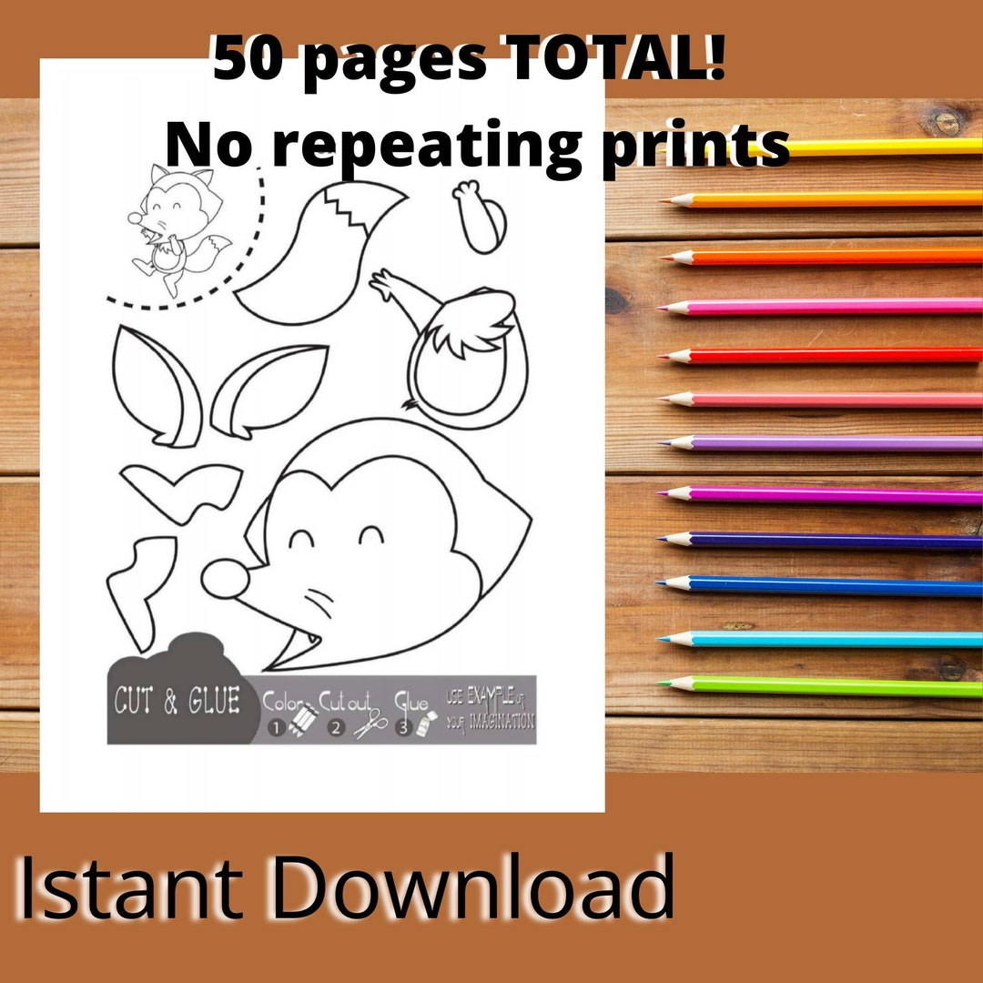 50 Cutting, Coloring and Gluing Preschool-kindergarten Worksheet Pages ...