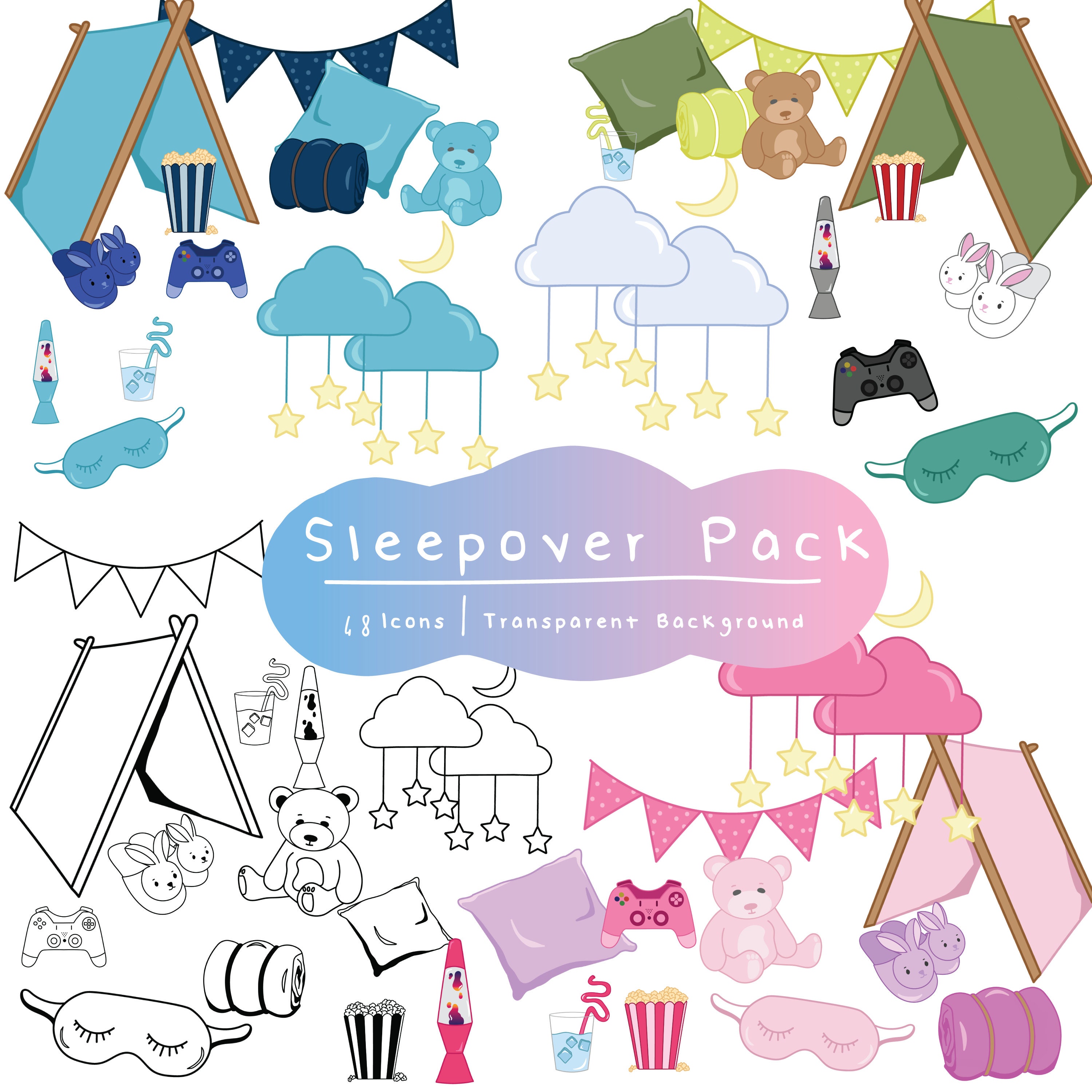 Sleepover Clipart Set: 48 PNG Icons, Transparent Backgrounds (digital ...